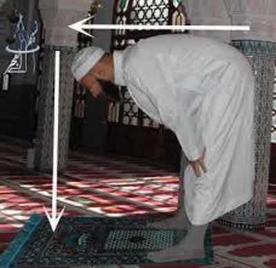 During salat, for the rukuh, where should one's eyes point to ...